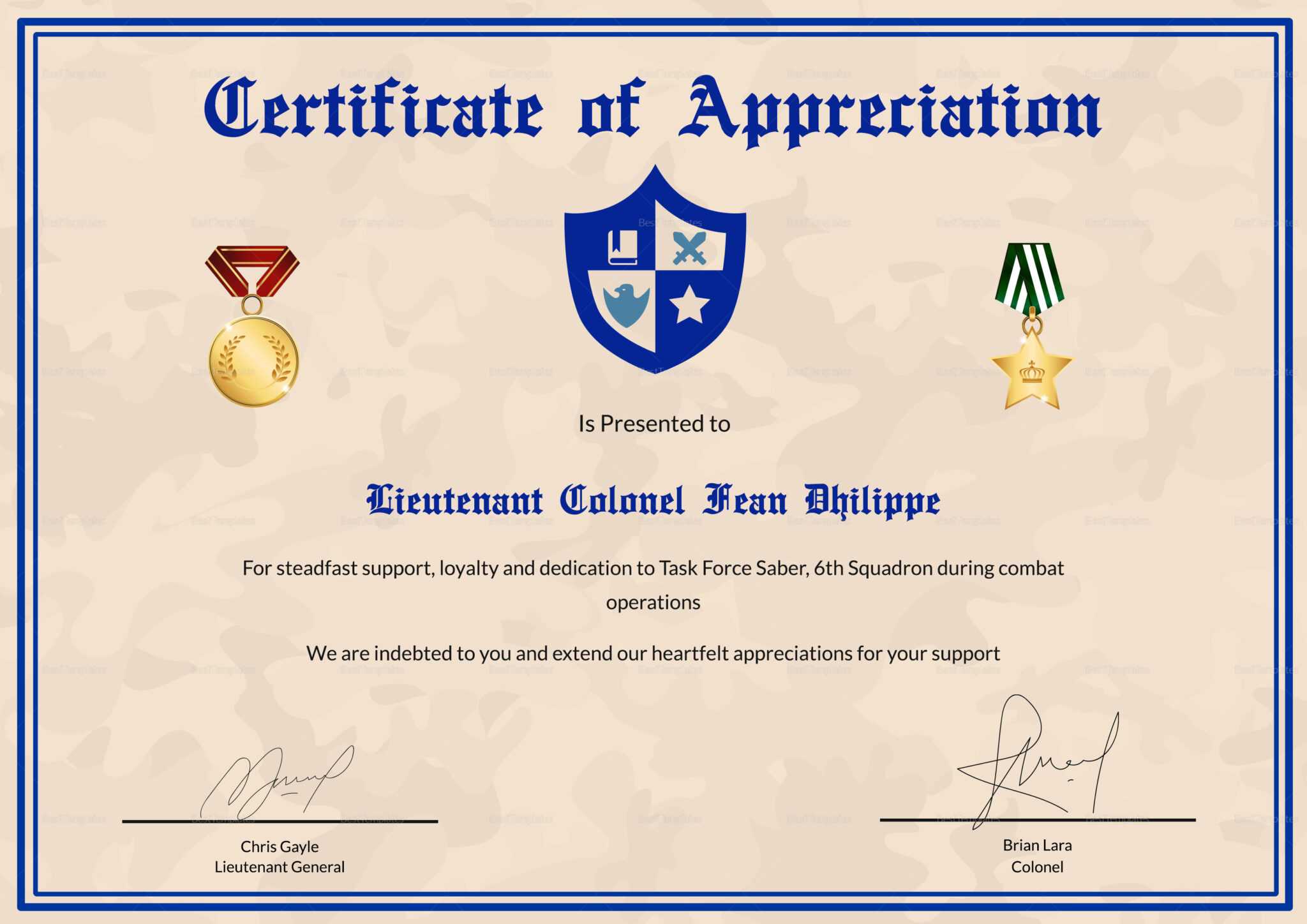 Army Certificate Of Appreciation Template within Army Certificate Of ...