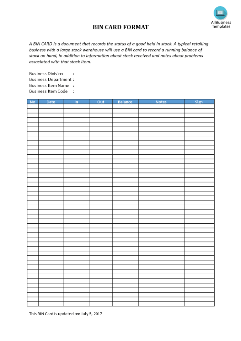 Bin Card Template – Template.maexproit.com