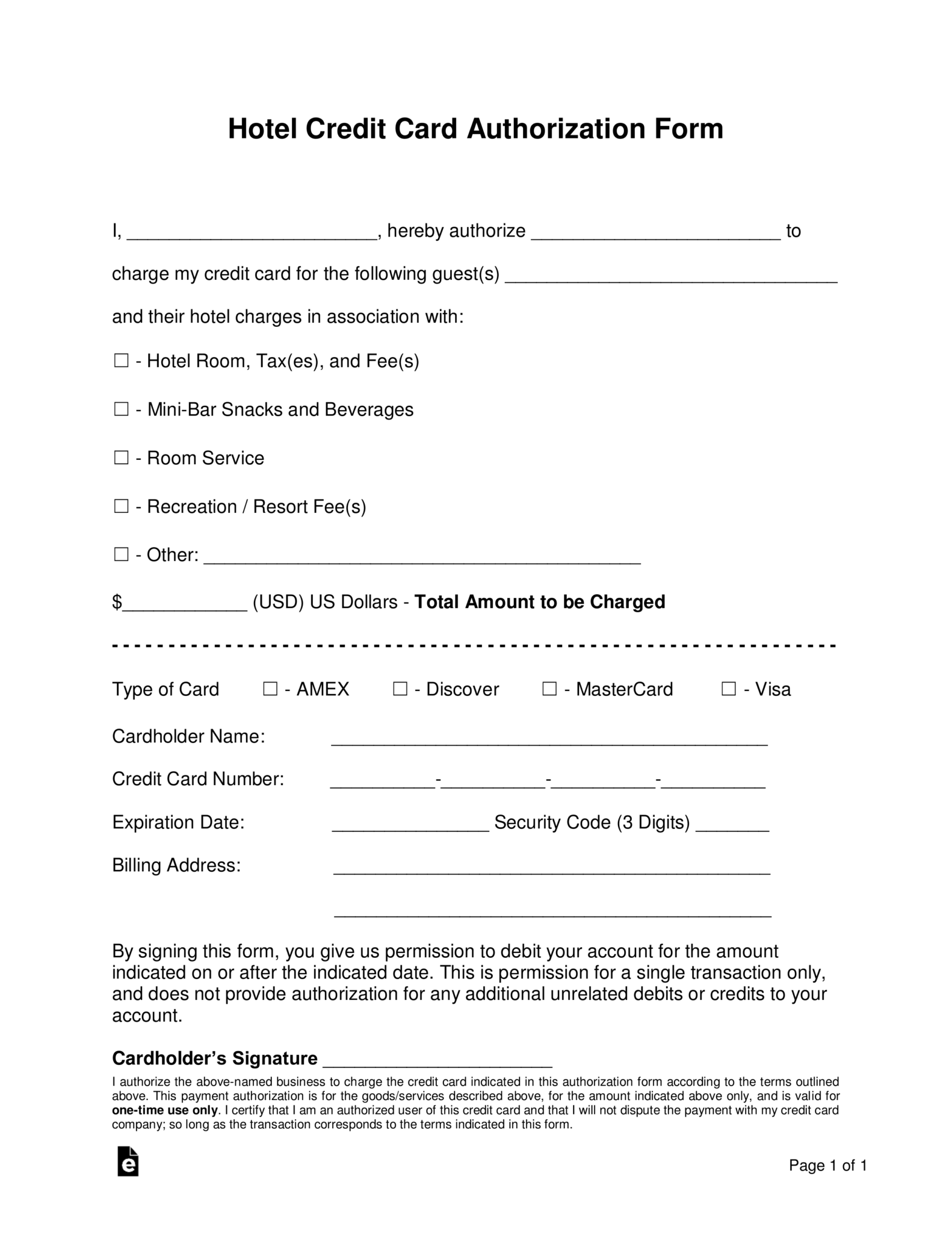 Free Hotel Credit Card Authorization Forms – Word | Pdf in Credit Card ...
