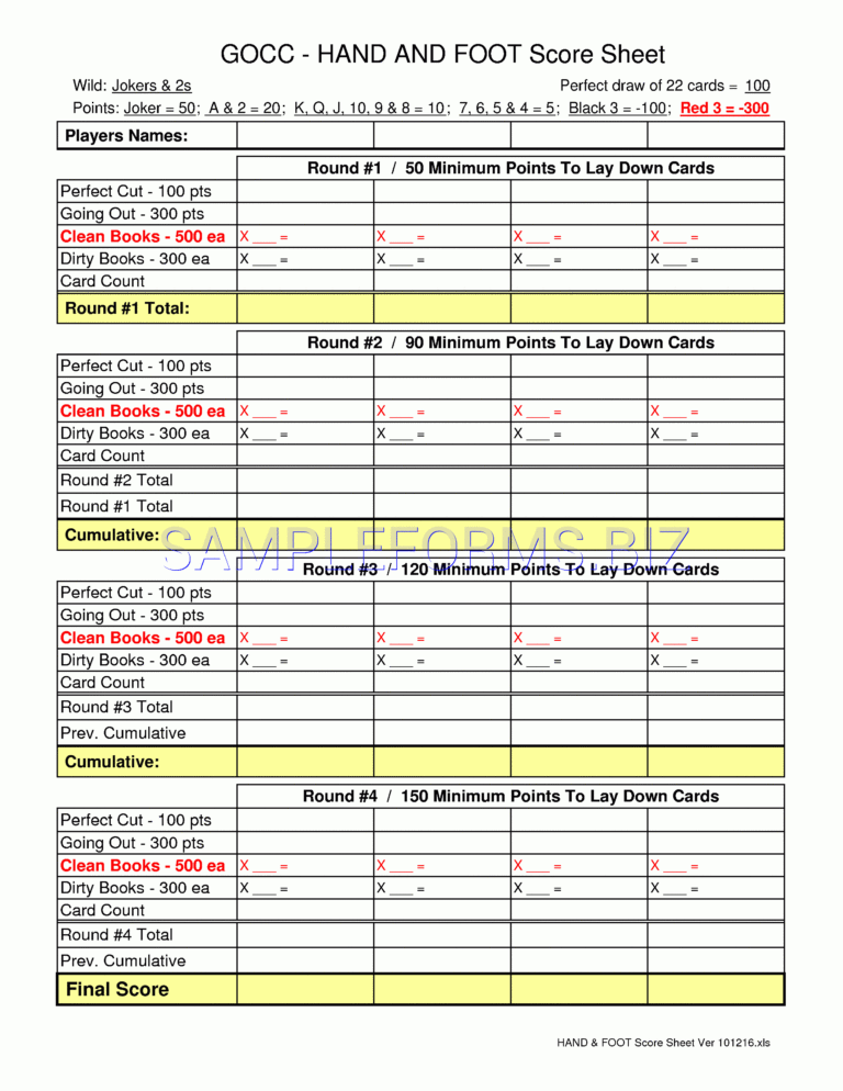 Preview Pdf Hand & Foot Score Sheet 2, 1 with Bridge Score Card ...