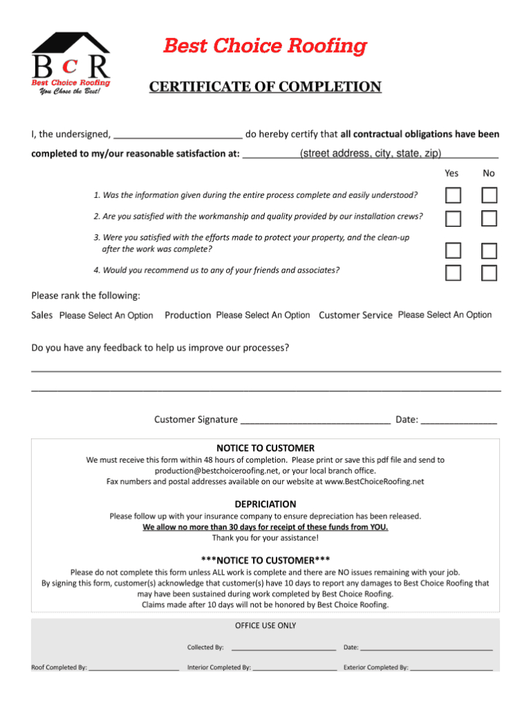 Roof Completion Form – Fill Online, Printable, Fillable with Roof ...